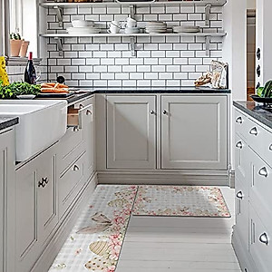 Hokiten Bunny Ears Easter Kitchen Rug Set, Grey Plaid Pink Spring Floral Easter Eggs 2 Piece Anti Fatigue Comfort Mats PVC Leather Standing Cushioned Waterproof Oil Proof, (18" x 30" + 18" x 47")