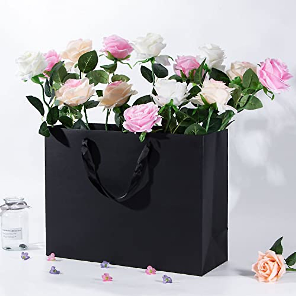 Katfort Large Black Gift Bag with Handles 12pcs, 16''×6''×12'' Extra Large Gift Bag with Ribbon Handles, Reusable Heavy Duty Kraft Black Paper Bags Bulk for Shopping, Wedding, Party, Gift, Retail