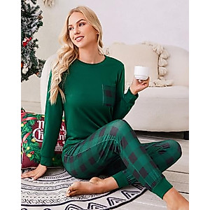 difficort Christmas Pajamas for Women Long Sleeve Shirt and Pajama Pants Soft Lounge Sets with Pockets, Dark Green, Medium