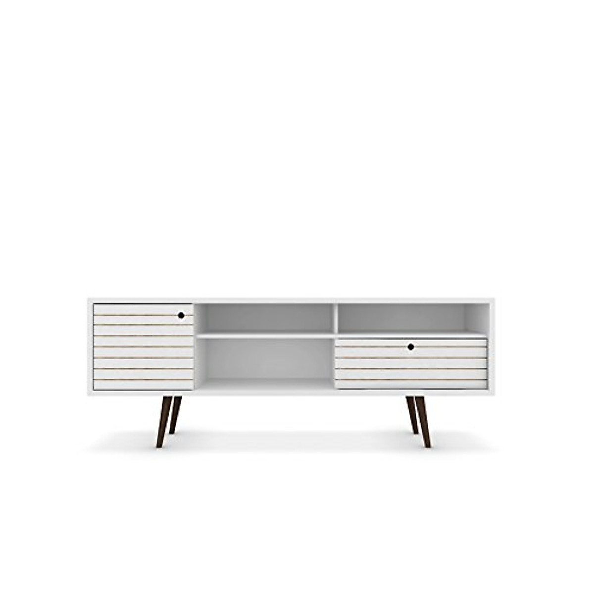 Manhattan Comfort Liberty Mid-Century Modern Living Room TV Stand with Shelves and a Cabinet with Splayed Legs, 202AMC: 70.86 Inch, White