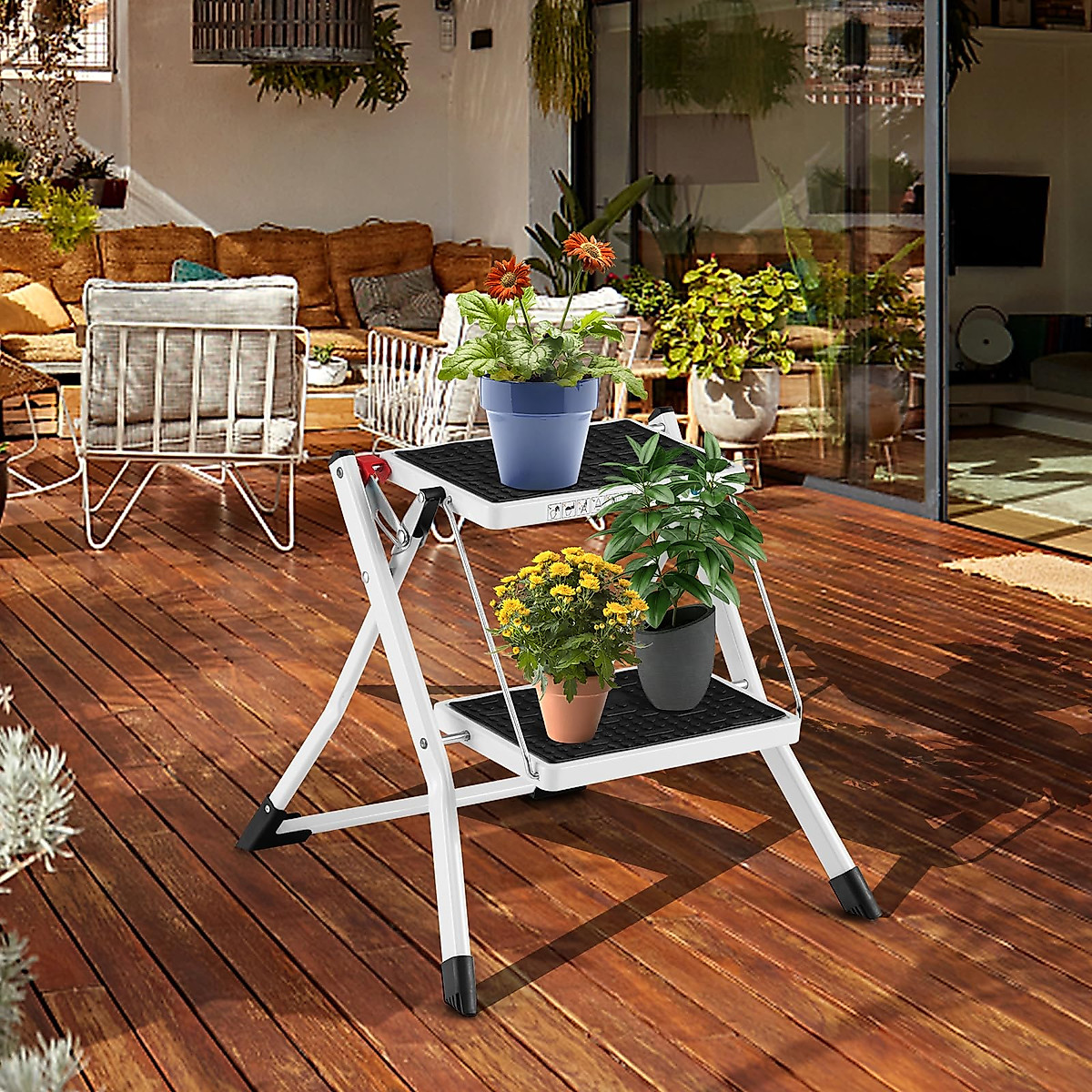 Goplus 2 Step Ladder, Lightweight Folding Step Stool with Anti-slip Pedals, Non-slip Foot Covers, Heavy Duty Metal Stepladder for Household, Kitchen, 330 LBS Weight Capacity, White & Black