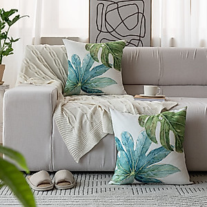 Green Tropical Leaves Throw Pillow Covers Set of 2 Decorative Monstera Palm Leaf Couch Pillow Case Botanical Plant Outdoor Pillow Covers Waterproof Fabric for Patio Bedroom Living Room, 18" x 18", C2