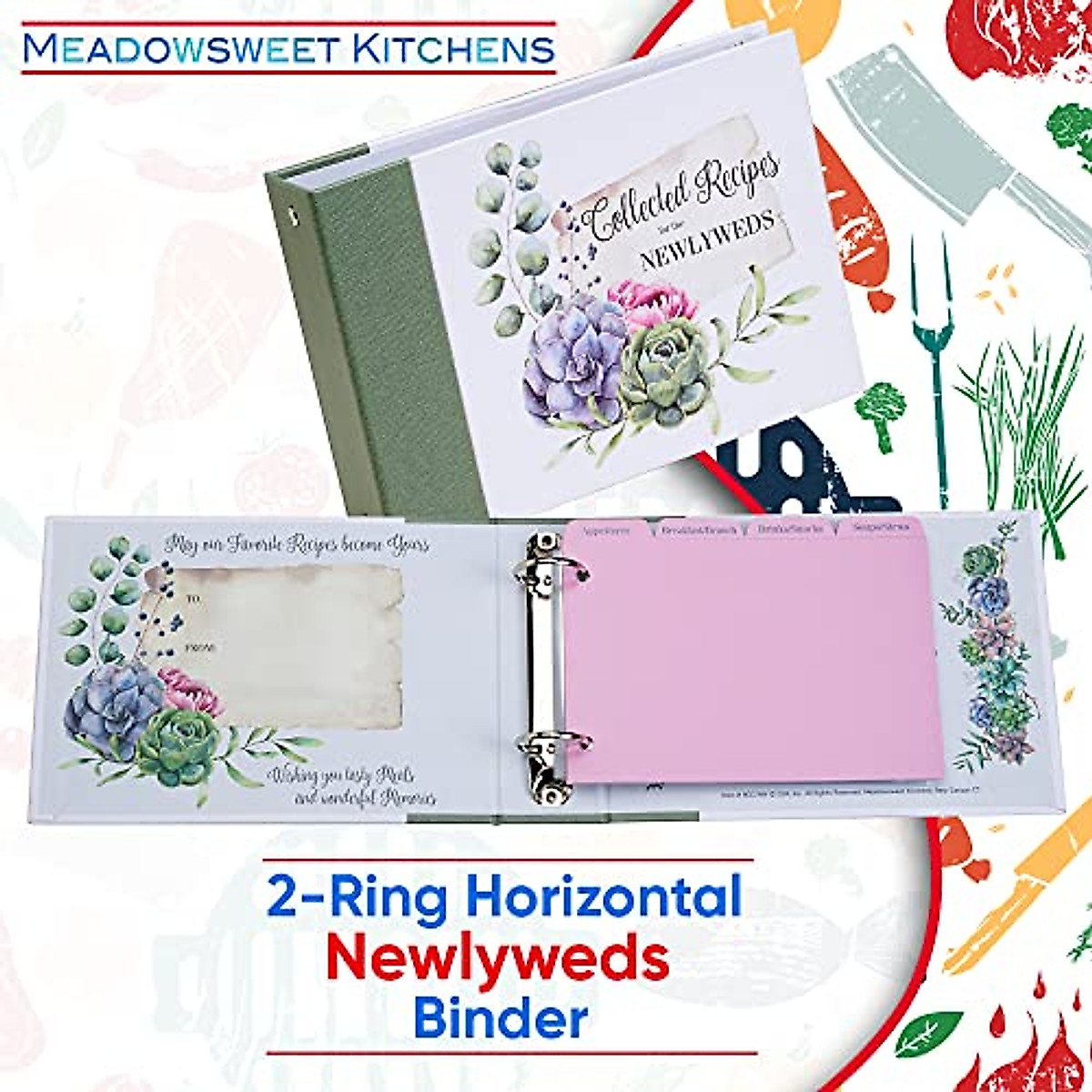 Meadowsweet Kitchens Newlyweds Recipe Card Holder Cookbook Mini 2 Ring Binder Organizer - Recipe Binder Cook Book w/ 50 4 x 6 Cards, 50 Clear Card Sleeves, & 12 Card Dividers w/Categories - Newlyweds