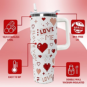 Nqhsionv Valentines Tumbler with Handle 40 oz 5D Pixel Style Love Hearts Coffee Travel Mug Stainless Steel Insulated Cup Valentines Anniversary Wedding Birthday Gifts for Women
