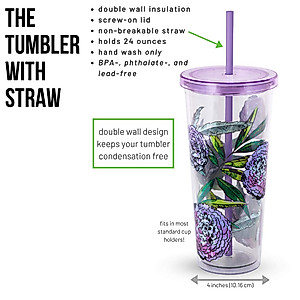 Vera Bradley Travel Tumbler with Lid and Straw, 24 Ounce Insulated Cup, Purple Floral Plastic Double Wall Tumbler, Lavender Meadow