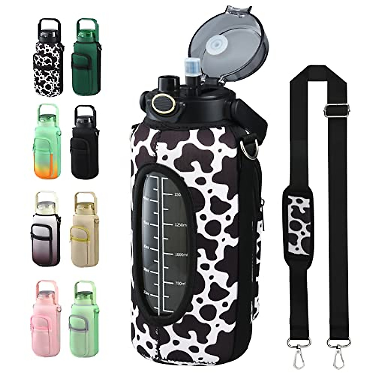 chunmo Half Gallon 64oz Glass Water Bottle with Straw and Storage Sleeve Motivational Water Bottle with Strap and Time to Drink 2L Leakproof Reusable Water Jug for Fitness Gym and Outdoors
