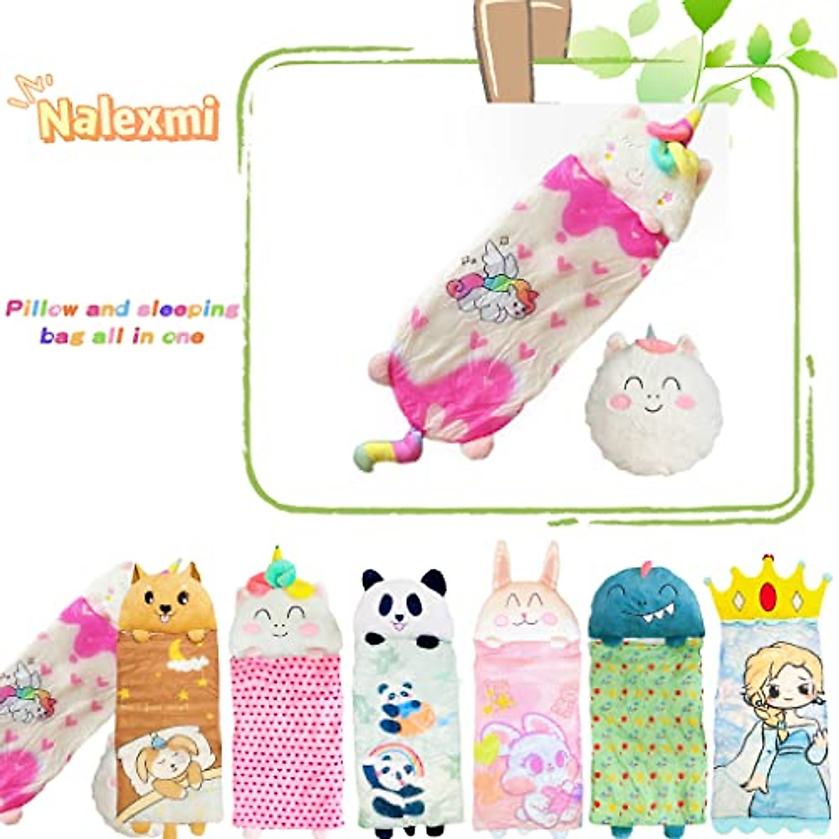 Nalexmi Heart Unicorn Kids Sleeping Bag, Animal Bags, Sleepy Sack, Comfy, Cozy, Compact, All Season, Sleeping Bag with Pillow, Soft Pillow, Nap Mat, Warm Cotton, Size 63''*24'' Heart Rainbow Unicorn