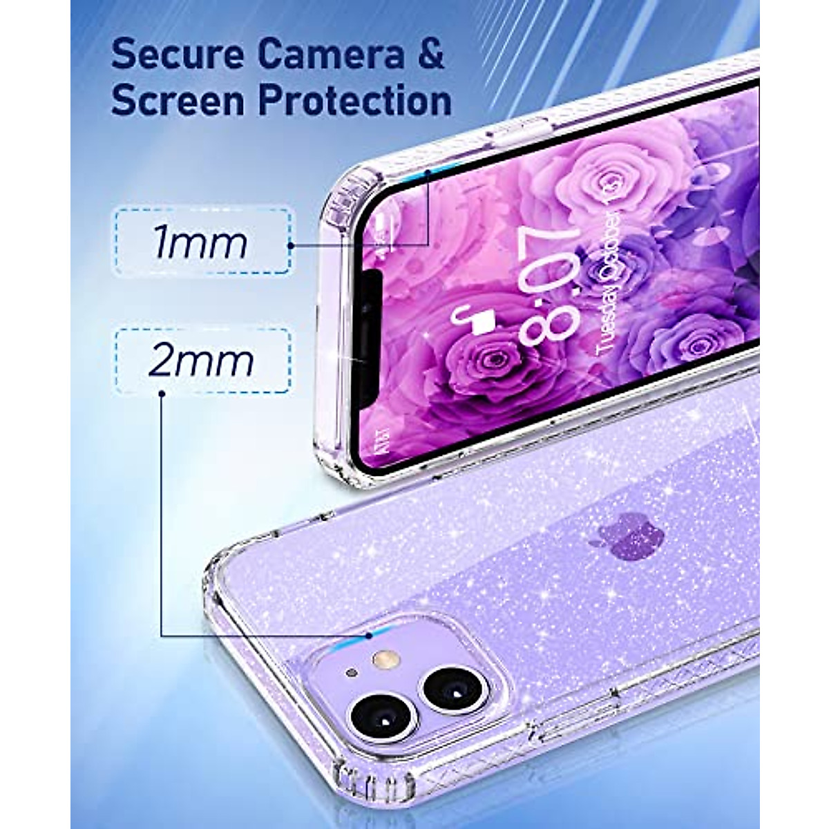 MIODIK for iPhone 12 Case and iPhone 12 Pro Case with Phone Stand, [Not Yellowing] Clear Glitter Shockproof Protective Phone Case, [Non-Slip] Slim Cover for Women Girls 6.1 Inch - Sparkle Clear