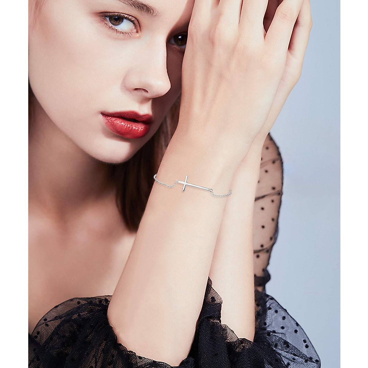 Sllaiss 925 Sterling Silver Sideways Cross Bracelet for Women Religious Chain Bracelet Christian Faith White Gold Plated Adjustable (Silver)