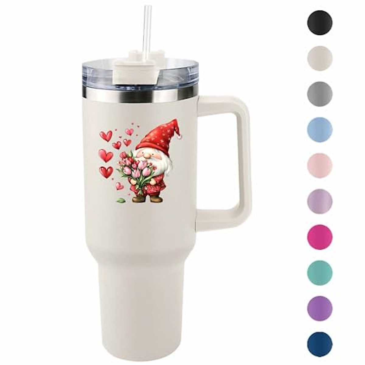 LB LEOBON 40 ounce insulated cup with handle, double-layer vacuum stainless steel material, equipped with straw, can keep warm or maintain cold drinks Red Love Gnome D white