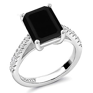 Gem Stone King 925 Sterling Silver Black Onyx and White Created Sapphire Women's Wedding Engagement Ring (3.39 Cttw, Gemstone Birthstone, 10X8MM Emerald Cut, Available In Size 5, 6, 7, 8, 9)