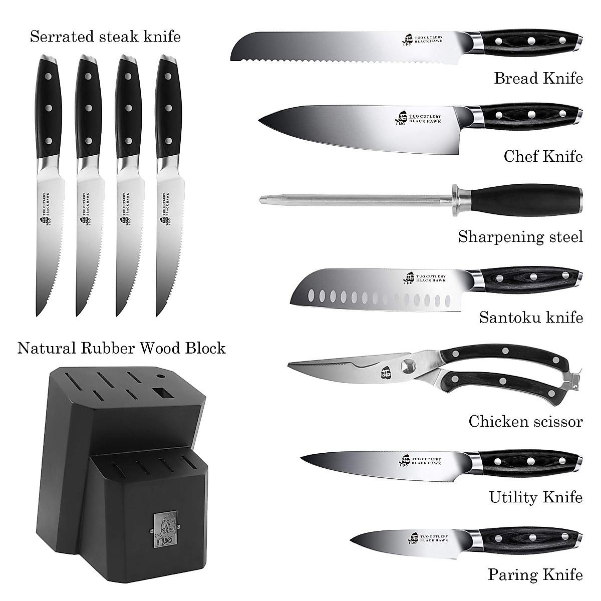 TUO Kitchen Knife Set - 12 Pcs Knife Set with Wooden Block - Premium Forged German Stainless Steel, Ergonomic Pakkawood Handle - BLACK HAWK SERIES with Gift Box