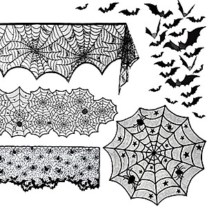 Beeager 5 Pack Halloween Spider Decorations Sets -Halloween Fireplace Mantel Scarf & Round Table Cover & Lace Table Runner & Cobweb Lampshade & 60 pcs Scary 3D Bat for Halloween Party Decors (1) (1)
