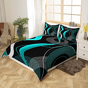 Erosebridal Geometric Duvet Cover Queen, Teal Black White Bedding Set for Kids Teens, Geometry Stripe Line Comforter Cover, Modern Art Swirl Waves Quilt Cover Abstract Circle Retro Bedroom Decor
