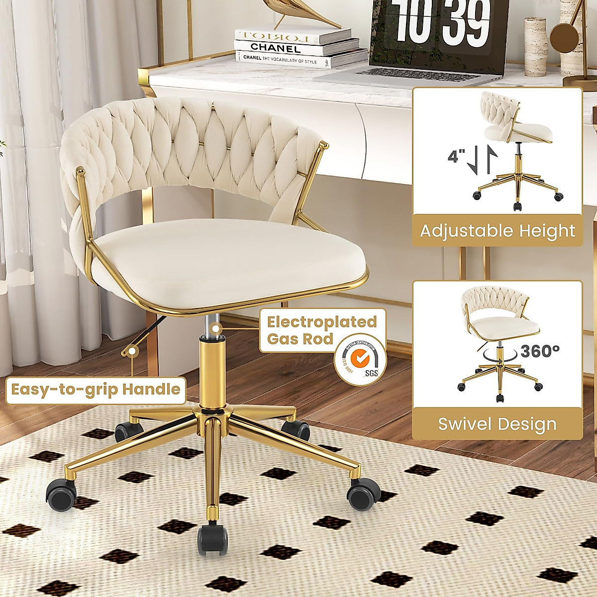 COSTWAY Velvet Office Desk Chair, Upholstered Makeup Vanity Chair w/Woven Back & Gold Base, Height Adjustable Swivel Computer Task Chair, Home Office Chair w/Wheels for Bedroom Study (Beige)