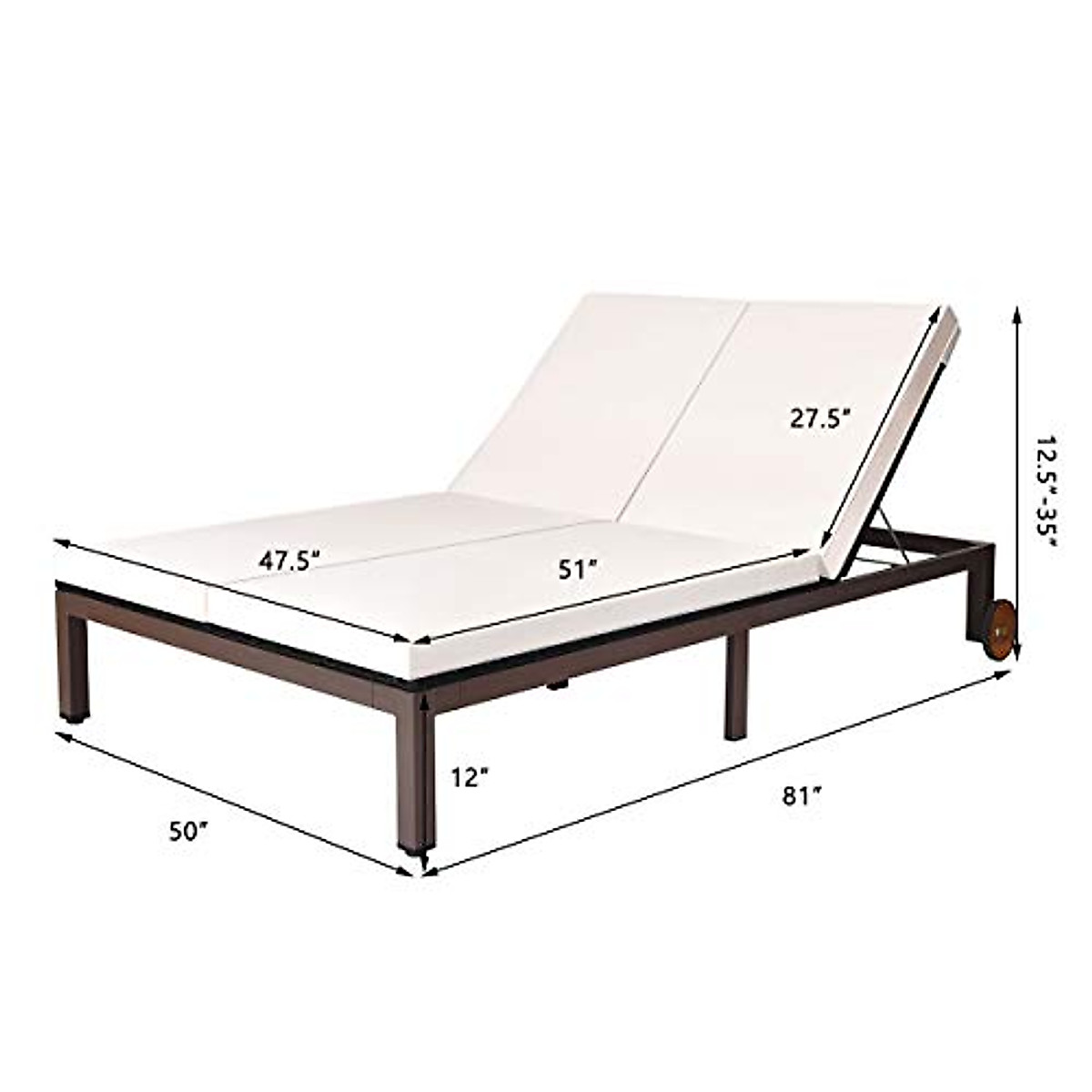 HAPPYGRILL 2-Person Patio Lounge Chair Rattan Wicker Chaise Lounge with Adjustable Backrest, Outdoor Loveseat Sofa Daybed with Wheels & Cushion for Garden Lawn Backyard