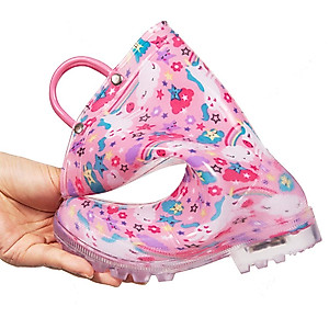 HugRain kids Girls Boys Rain Boots Toddler Light Up Printed Waterproof Shoes Lightweight Adorable Cute Pink Unicorn Rubber with Easy-On Handles and Insole (Size 13,Pink)
