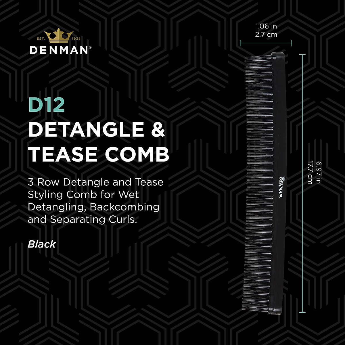 Jack Dean by Denman (Black) Curl Volumiser Comb for Separating, Styling, Defining, Enhancing & Boosting Curls (D12)