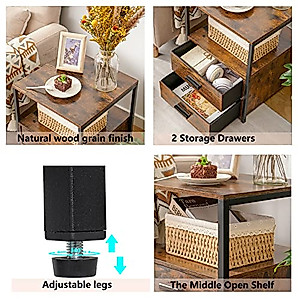 usikey Nightstand Set of 2, Industrial End Table with 2 Drawers & Open Shlef, Side Table with Sturdy Black Metal Frame, Modern Beside Table for Bedroom, Living Room, Home, Small Space, Rustic Brown