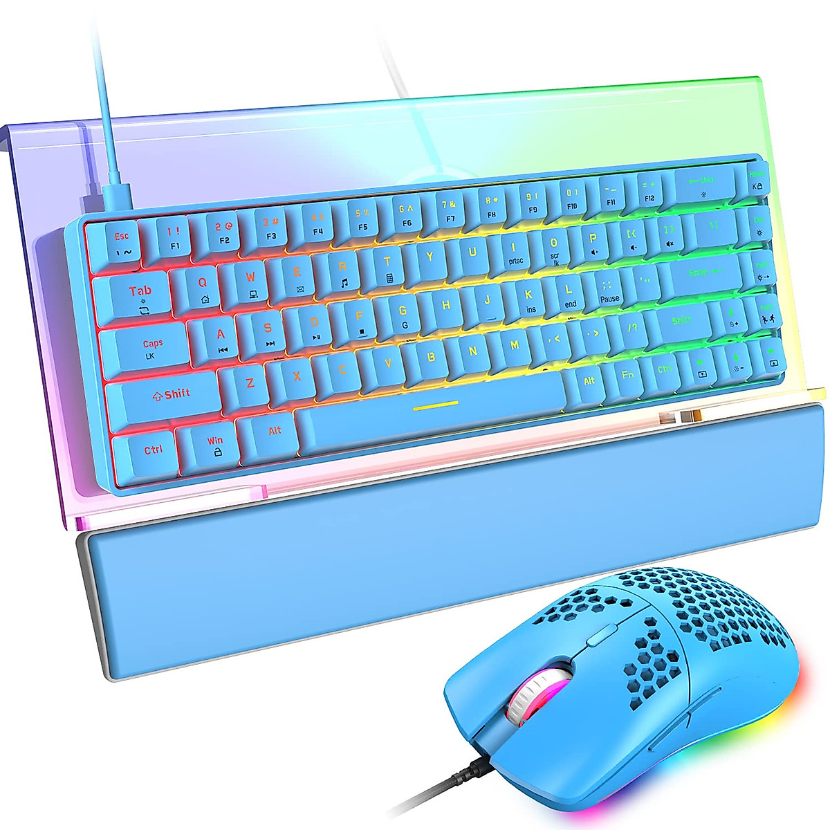 60 Percent Mechanical Gaming Keyboard Blue Switch Wired RGB 18 Backlit,Lightweight Gaming Mouse 6400 DPI,Mousepad,Wirst Rest,RGB Stand for Gamers,Typists-Blue