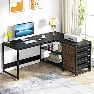 Tribesigns L Shaped Computer Desk with Storage Drawers, 59 inch Corner Desk with Shelves, Reversible L-Shaped Office Desk Study Writing Table Workstation for Home Office, Black