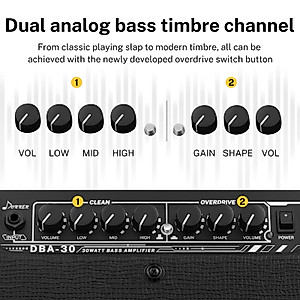 Donner Bass Guitar Amp 30W Electric Bass Combo Amplifier DBA-30 & Electric Guitar Cable 10 ft