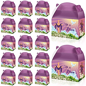 Lincia 48 Pcs Easter Treat Box Religious Candy Container Paper Gift Gable Boxes He Is Risen Boxes with Handles for Candy Cookies Easter School Party Favors, 5.91 x 3.54 x 3.54 Inch