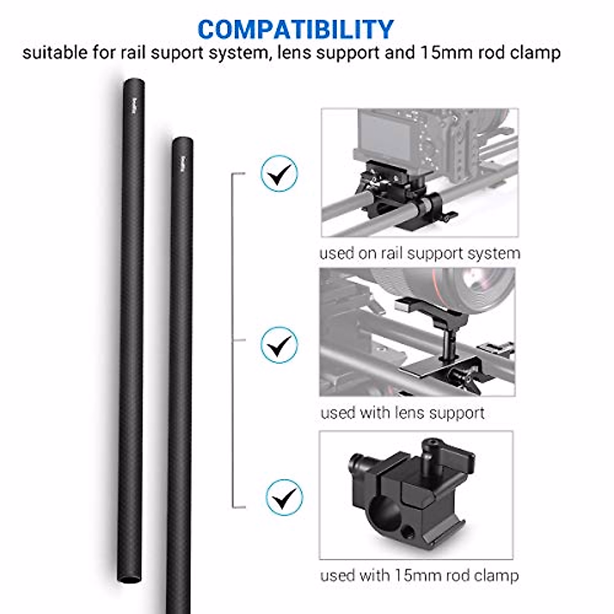 SmallRig 15mm Carbon Fiber Rods (12 Inch) for 15mm Rods Clamps Camera Rail Support System, Follow Focus, Matte Box, Shoulder Pad, Lens Support - 851