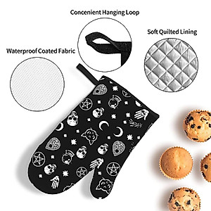Skull Cat Moon Gothic Oven Mitts and Pot Holders Sets,Heat Resistant Non Slip Kitchen Gloves Hot Pads with Inner Cotton Layer for Cooking BBQ Baking Grilling