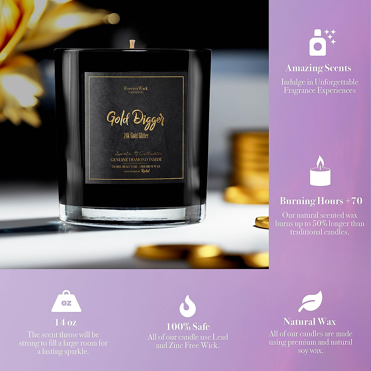 Gold Digger Sparkle Candle with Diamond Inside | Foreverwick Candles | Scented Soy Candles Gifts for Women Sexy Candle Gift | Anniversary Candles All-Natural Organic Soy Candle 14oz | 70h