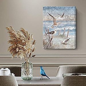 Beach Wall Art Bathroom Decor Ocean Theme Canvas Print Coastal Painting Perching Bird by The Sea Shore Abstract Seascape Picture Framed Artwork for Bedroom Living Room Office Ready to Hang 12x16inch