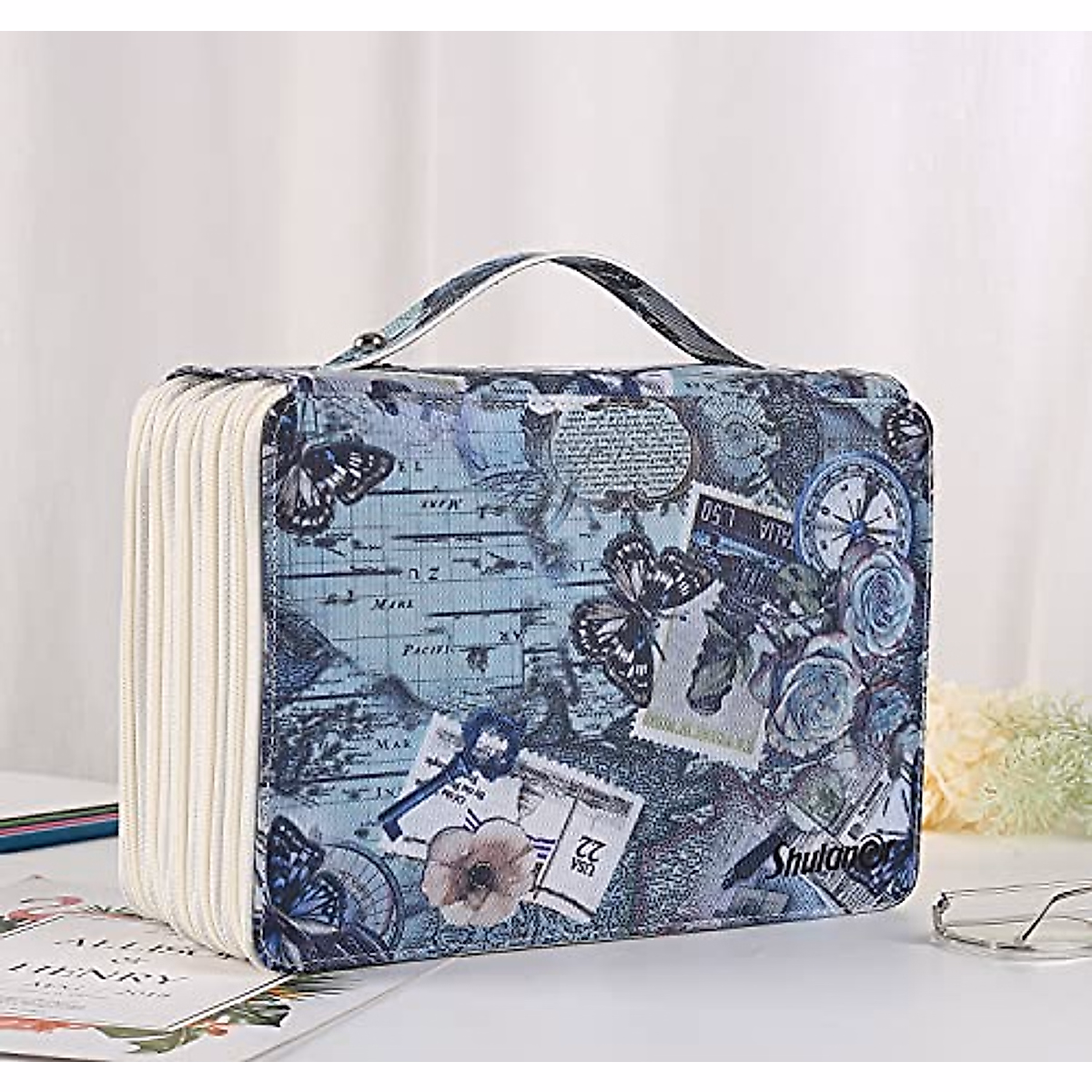 Shulaner 250 Slots Colored Pencil Case with Zipper Closure Large Capacity Retro Style Element Pattern Pencils Bag Waterproof 840D PVC Fabric Pen Organizer Storage Holder for Artist