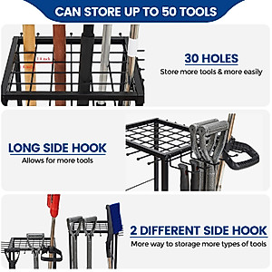 Garden Tool Organizer for Garage, Yard Tools Organizer with 2-tier Metal Shelve, Garage Tool Rack Hold Up to 50 Tools, Garden Tool Storage, Heavy Duty Steel, Yard Tool Holder for Garage, Shed, Outdoor