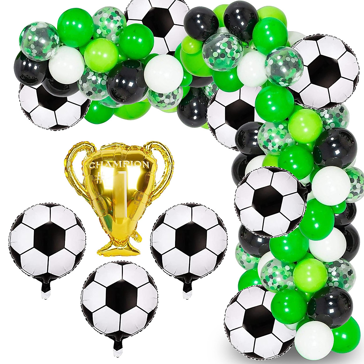 Soccer Party Balloon Garland Arch Kit, 111 Pcs Green White Black Confetti Balloons with Soccer Champion Cup Mylar Foil Balloons for Soccer Theme Party Decorations