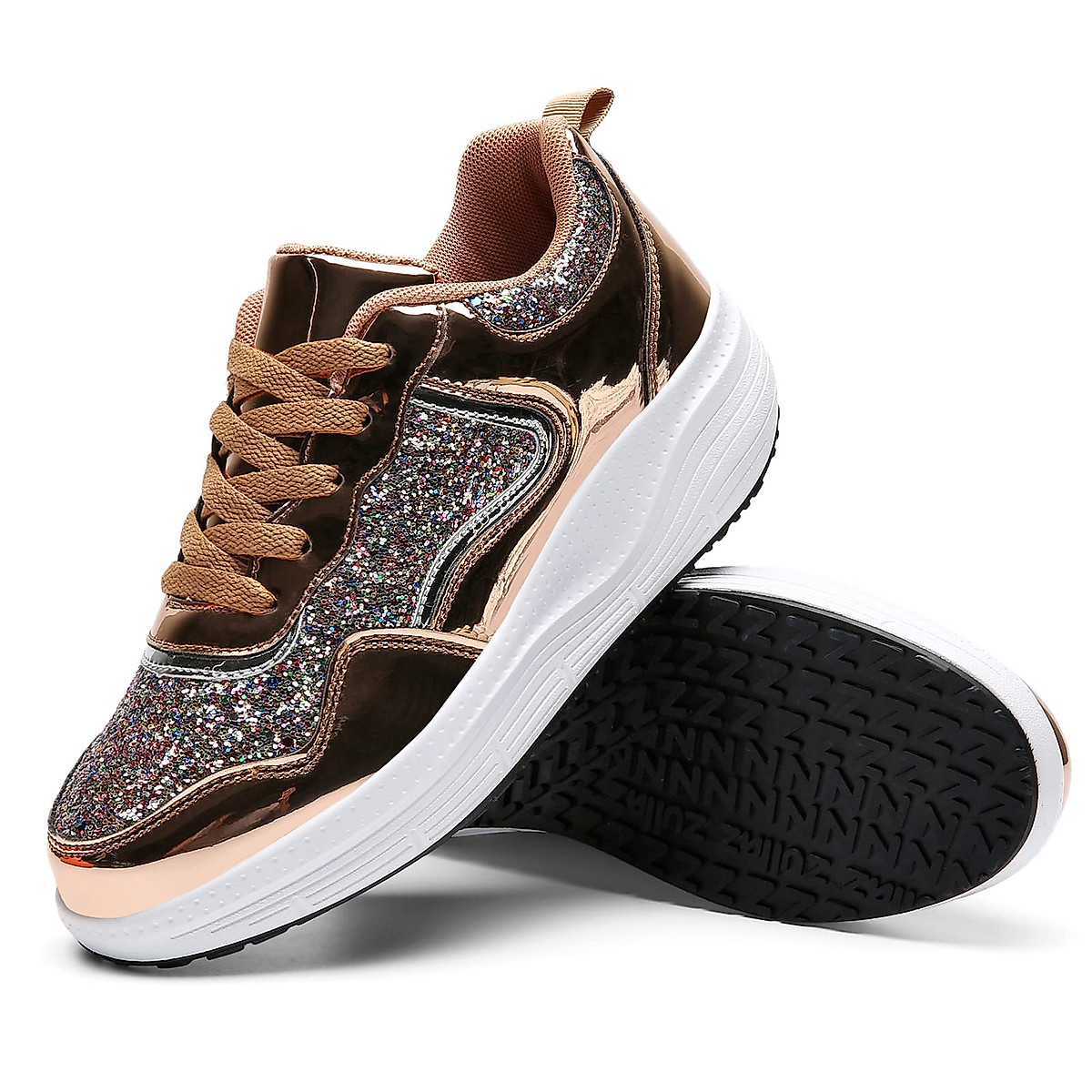 DADAWEN Women's Glitter Platform Wedge Athletic Tennis Walking Shoes Sparkly Sequin Lightweight Non Slip Casual Comfort Fashion Sneakers Gold US Size 8