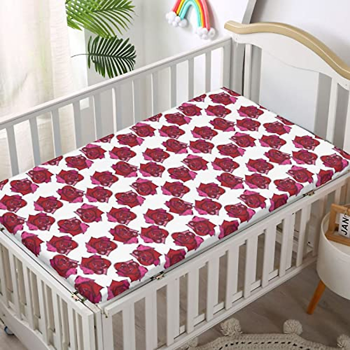 Roses Themed Fitted Mini Crib Sheets,Portable Mini Crib Sheets Soft Toddler Mattress Sheet Fitted-Baby Sheet for Boys Girls,24“ x38“,Raspberry Pink Dark Magenta White