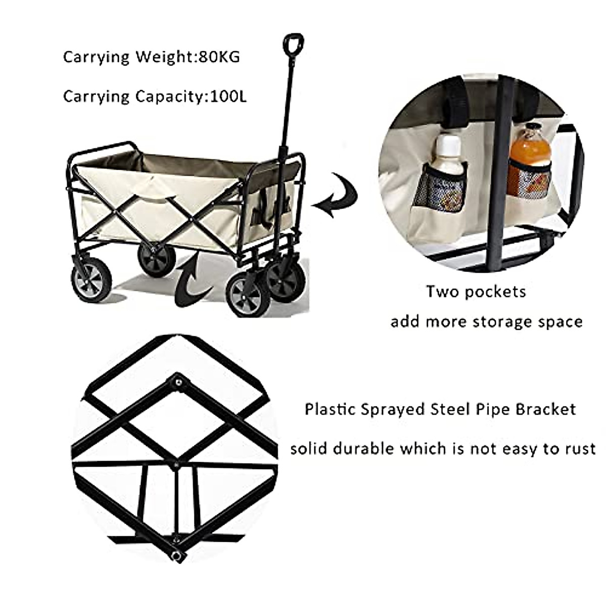 Garden Folding Trolley Portable Collapsible Outdoor Utility Wagon Picnic Camping Cart 80KG Max Load Push Wagon Sturdy Lightweight Beach Outdoor Garden Picnic Cart,White
