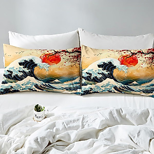 Feelyou Japanese Wave Bedding Set King Size Kids Cherry Blossoms Comforter Cover Set for Boys Girls Teens Japanese Ukiyoe Theme Home Decor Duvet Cover Red Sun Japanese Style Bedspread Cover
