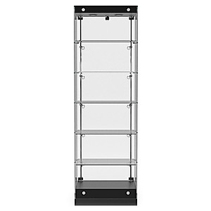 Displays2go Display Show Case with LED Lighting, Glass Shelves, Locking Door, MDF Top & Base – Clear & Black (GTAP24LEDB)