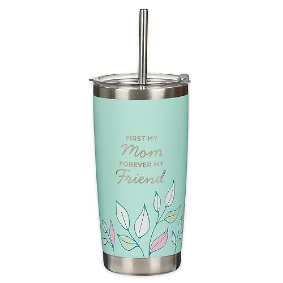 Christian Art Gifts Reusable Stainless Steel Tumbler Travel Mug w/Straw for Mothers: First My Mom Forever My Friend w/Scripture, Vacuum Insulated, Pop-up Lid, Hot/Cold, Cute Mint Green Floral, 18 oz.