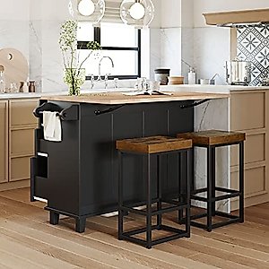 Merax Kitchen Island Set with 2 Stools, Solid Wood Dining Table with Drop Leaf Design, Storage Cabinet, Drawers and Towel Rack, 50.3" x 29.5", Black