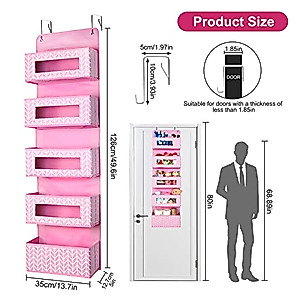 Mayniu 2 Pack Over the Door Hanging Organizer Storage with 5 Large Pockets, Wall Mount Pantry Organizer with Clear Windows for Nursery, Closet, Toys, Diapers, and Sundries (Pink)