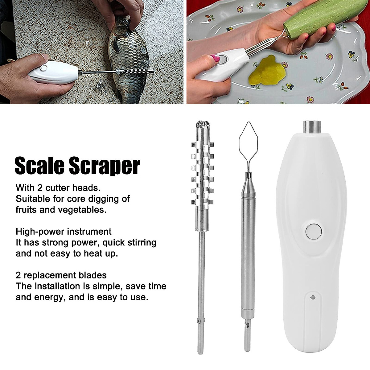 Electric Fish Scaler, Multifunctional Fish Scale Scraper Remover Cleaner Seafood Descaler, Cordless Peeler Scaler with Replaceable Blade, Fruit Digging Vegetable Corer for Pepper, Bitter Gourd