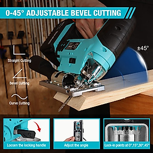 DURATECH Cordless Jig Saw, 20V Electric Jigsaw with 4.0A Battery and Charger, 2800 SPM Adjustable Speed, ±45° Bevel, Dust Blower and 7Pc Blades, Jigsaw Tool Kit for Wood, Metal and Plastic Cutting