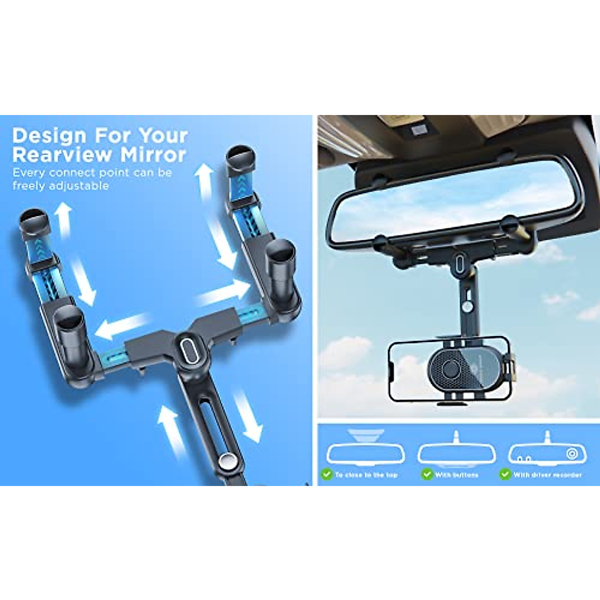 Rearview Mirror Phone Mount-Mirror Phone Holder for Car-Retractable Phone Holder Navigation-Car Phone Mount-Truck Phone Clip for Delivery Driver-Fit Mobiles 4"-7" Most Vehicles+2 Blind Spot Mirror.