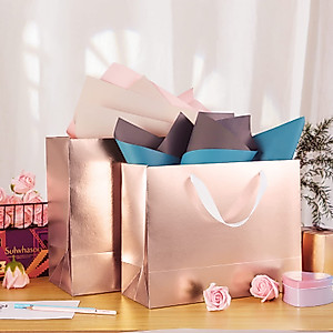 ROSEGLD 12 Large Gift Bags 13x5x10 Inches, Luxury Gift Bags, Rose Gold Gift Bags with Handles for All Occasions (Glossy Rose Gold with Grass Texture)