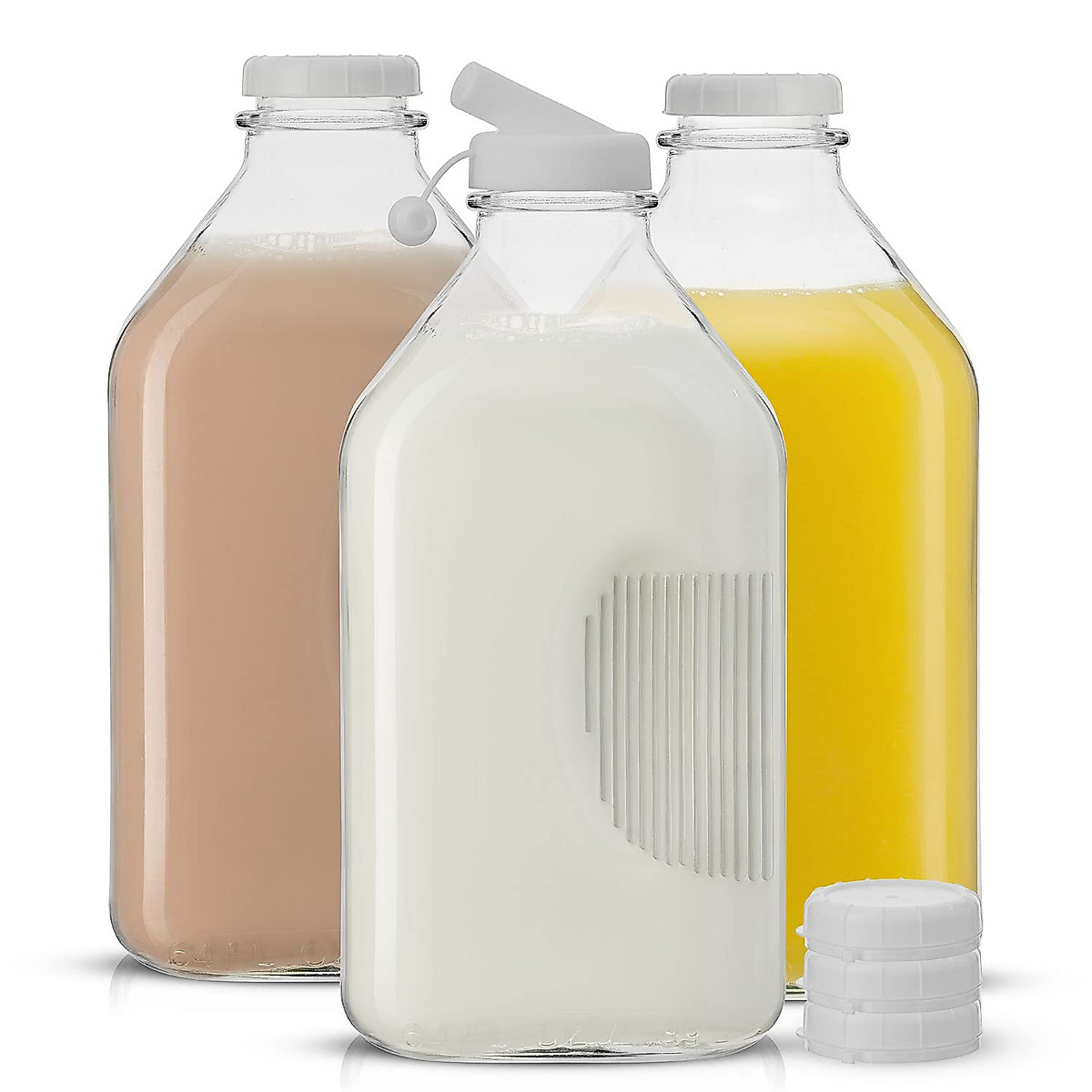 Glass Milk Bottle with Lid AND Pourer Multi-Pack. 64 Oz Reusable Glass Bottles with 6 Lids! Glass Milk Jug Pitcher, Buttermilk, Water or Juice Bottles with Caps, Syrup, Honey or Sauce Container