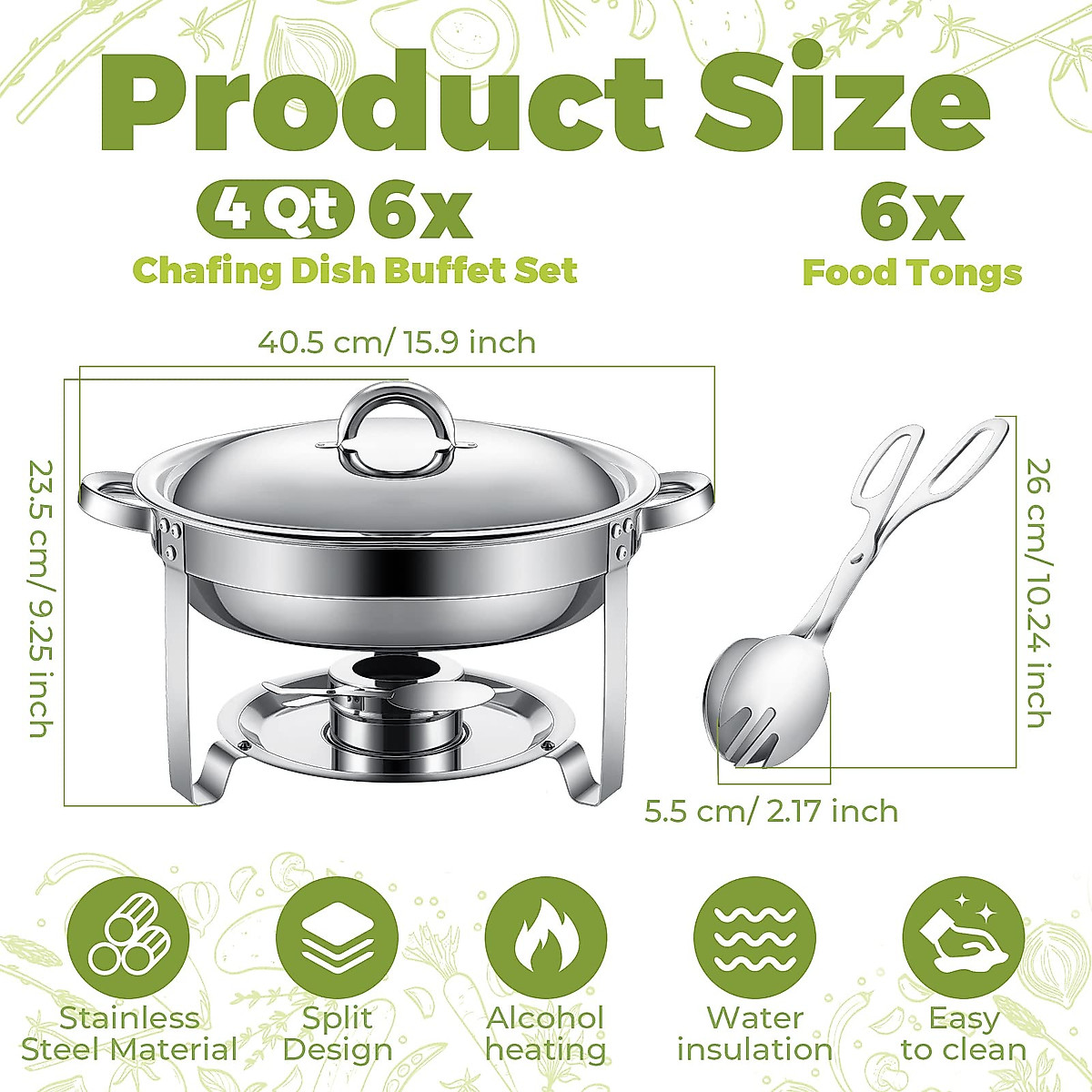 6 Pack Round Chafing Dish Buffet Set with Food Tongs 4 qt Stainless Steel Round Chafers for Catering, Buffet Server and Warmer Set Chafers Food Warmers for Party Banquet Wedding Events