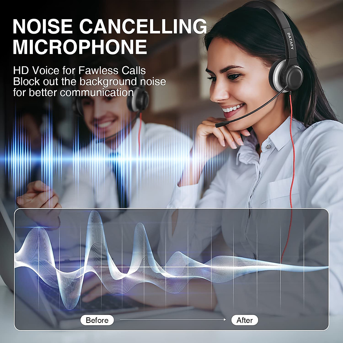 DATAFY USB Headset with Microphone for PC, in-line Wired Computer Laptop Headphones with Noise Cancelling Microphone, Business Headset for Home Office, Online Class Skype Zoom, Foldable On Ear Design