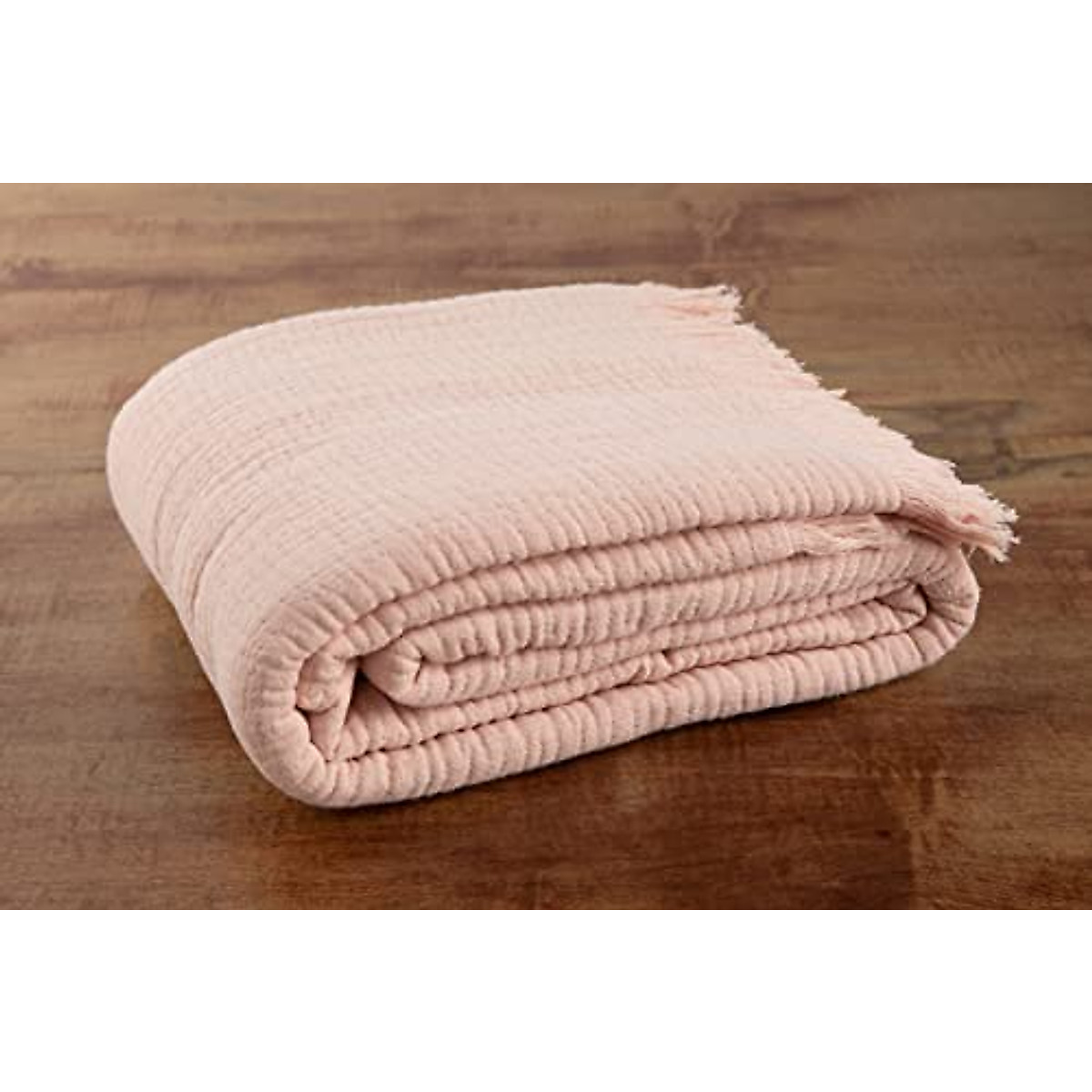 Sticky Toffee Blush Pink Muslin Throw Blanket with Fringe, Oeko-Tex Cotton Muslin Blankets for Adults, Soft Lightweight and Breathable Throw Blankets for Couch Bed or Sofa, 50 in x 60 in